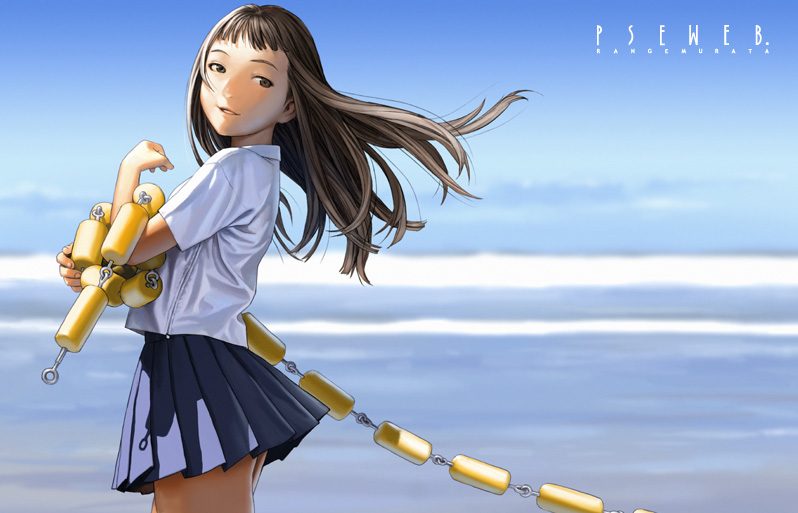 Murata Range Original 1girl Artist Name Blue Skirt Blue Sky Brown Eyes Brown Hair
